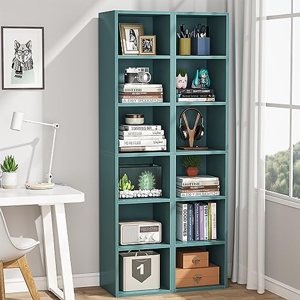 LITTLE TREE 70.9 Inch Tall Narrow Bookcase, Corner Bookshelf 6 Tier Cube Display Shelf Storage Organizer for Small Space, Blue