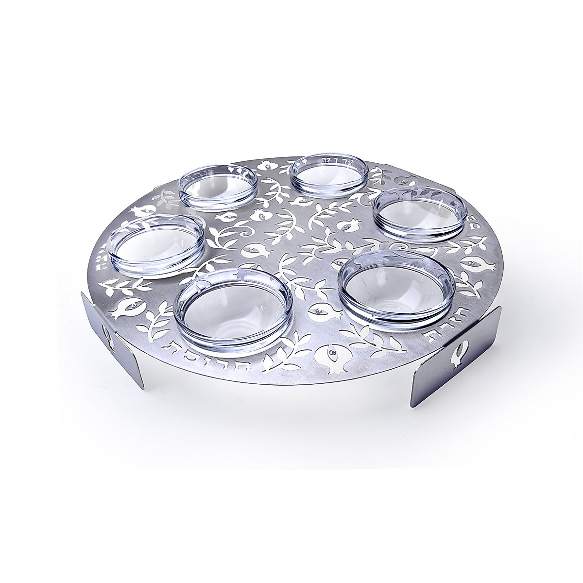Unique Laser-Cut Stainless Steel Passover Seder Plate with Glass Insets, Matzah Cover + Towel Original Judaica Design (Lacey Pomegranates)