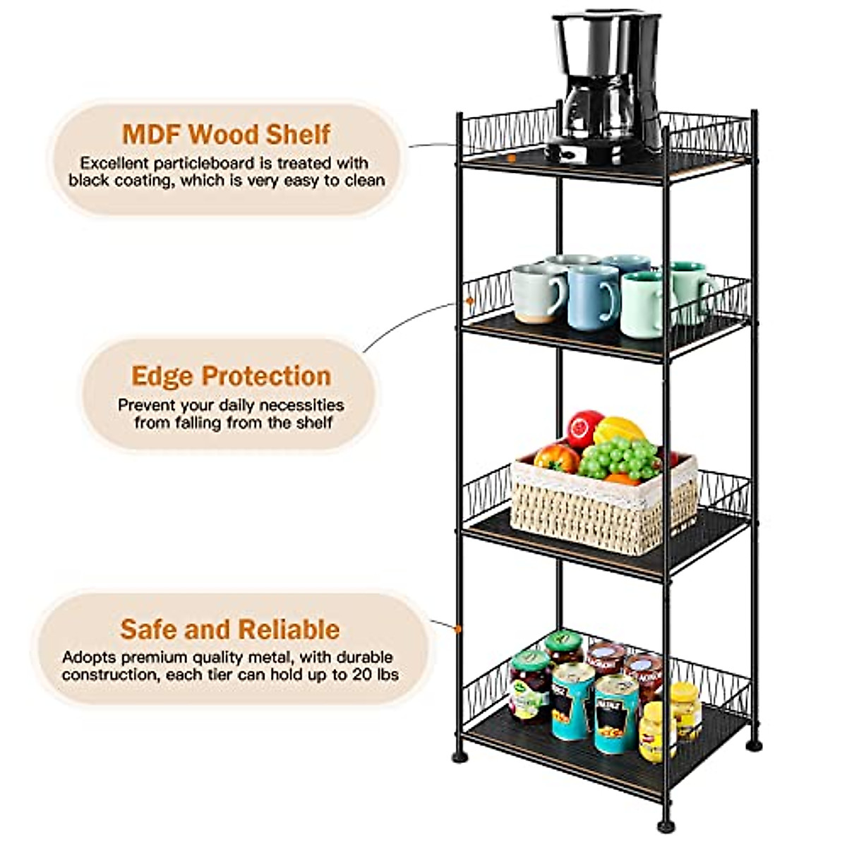 smusei 4 Tier Open Shelving Units Freestanding Kitchen Storage Rack Standing Kitchen Rack Organizer Large Capacity with Metal Wire Fence Wood Look Board for Small Spaces, Living Room, Black