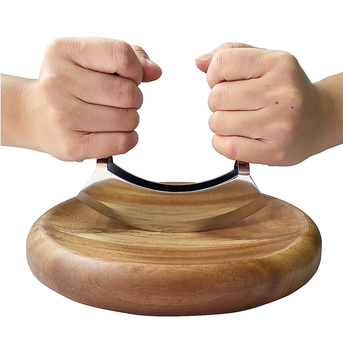 Mezzaluna Knife and Round Cutting Board - Double Blade Chopping Knife Pizza Cutter Rocker Knife Mezzaluna With Wood Cutting Board Salad Chopper Mincing Knife Stainless Steel