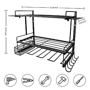 PCBRWA Wall Mounted Power Tool Storage Rack - Heavy Duty Wall Mounted Tool Rack with 3 Layer Metal Tool Organiz and storage with Screwdriver Holder/Plier Holder(Black)