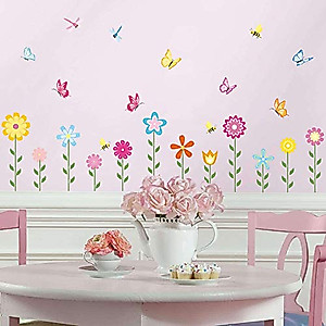IKEYU Garden Flower Wall Decals Colorful Flower Wall Stickers Spring Garden Wall Stickers Flower Butterfly Wall Stickers for Bedroom Girls Room Kids Nursery