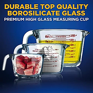 NutriChef 3 Pieces Measuring Cups - BPA-Free Premium Heat Resistant Borosilicate Glass Measuring Cups w/ Handle, Precise Measurement w/ Oz & Ml Scale, in 250ml 500ml & 1000ml, Microwave & Oven Safe