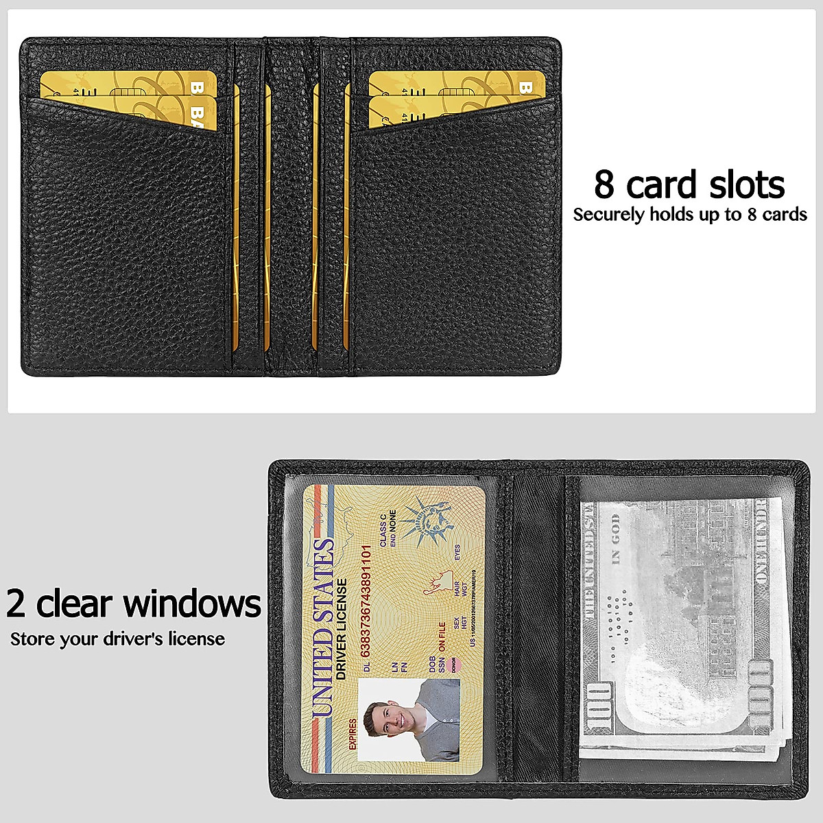 Unaone Slim Minimalist Wallet - Premium Leather RFID Blocking Front Pocket Wallets with 8 Card Slots and 2 ID Window, Black