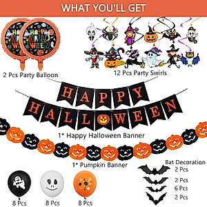 52 PCS Halloween Party Decorations Set Include Happy Halloween Banner, Pumpkin Banner, Hanging Swirl Streamers, Bats Wall Decor, Halloween Balloons Home Decor Party Favors Supplies