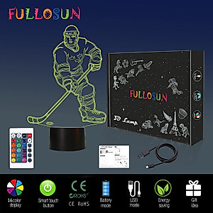 FULLOSUN 3D Night Lights Ice Hockey Athlete 3D Illusion Bedside Lamp 16 Colors Changing with Remote Control Best Birthday Gifts for Men Women