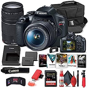 Canon EOS Rebel T7 DSLR Camera with 18-55mm and 75-300mm Lenses (2727C021) + 64GB Card + Corel Photo Software + LPE10 Battery + Card Reader + Cleaning Set + Flex Tripod + Memory Wallet (Renewed)
