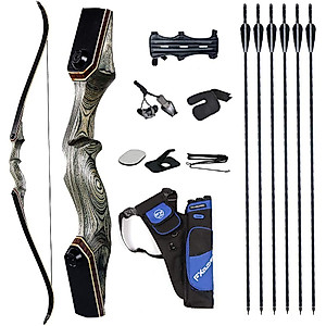 60'' Archery Recurve Bow Takedown Bow Hunting Bow and Arrow Set Adult Target Practice Competition Survival Longbow Right Hand 30-50lbs with 6pcs Fiberglass Arrows (35lbs)
