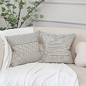 Hckot Black and Beige Patchwork Farmhouse Throw Pillow Covers 18 x 18 Inch, Pack of 2 Striped Linen Decorative Pillow Case for Sofa Couch Chair Bedroom Modern Decor(Black)
