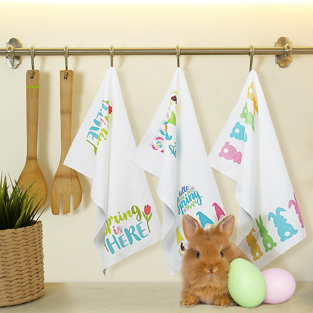 Breling 4 Pieces Easter Kitchen Towels 23.6 x 15.7 inches Easter Bunny Eggs Rabbit Hand Towels Spring Happy Easter Gnomes Kitchen Towels Holiday Cloth Dish Towels for Cooking Baking