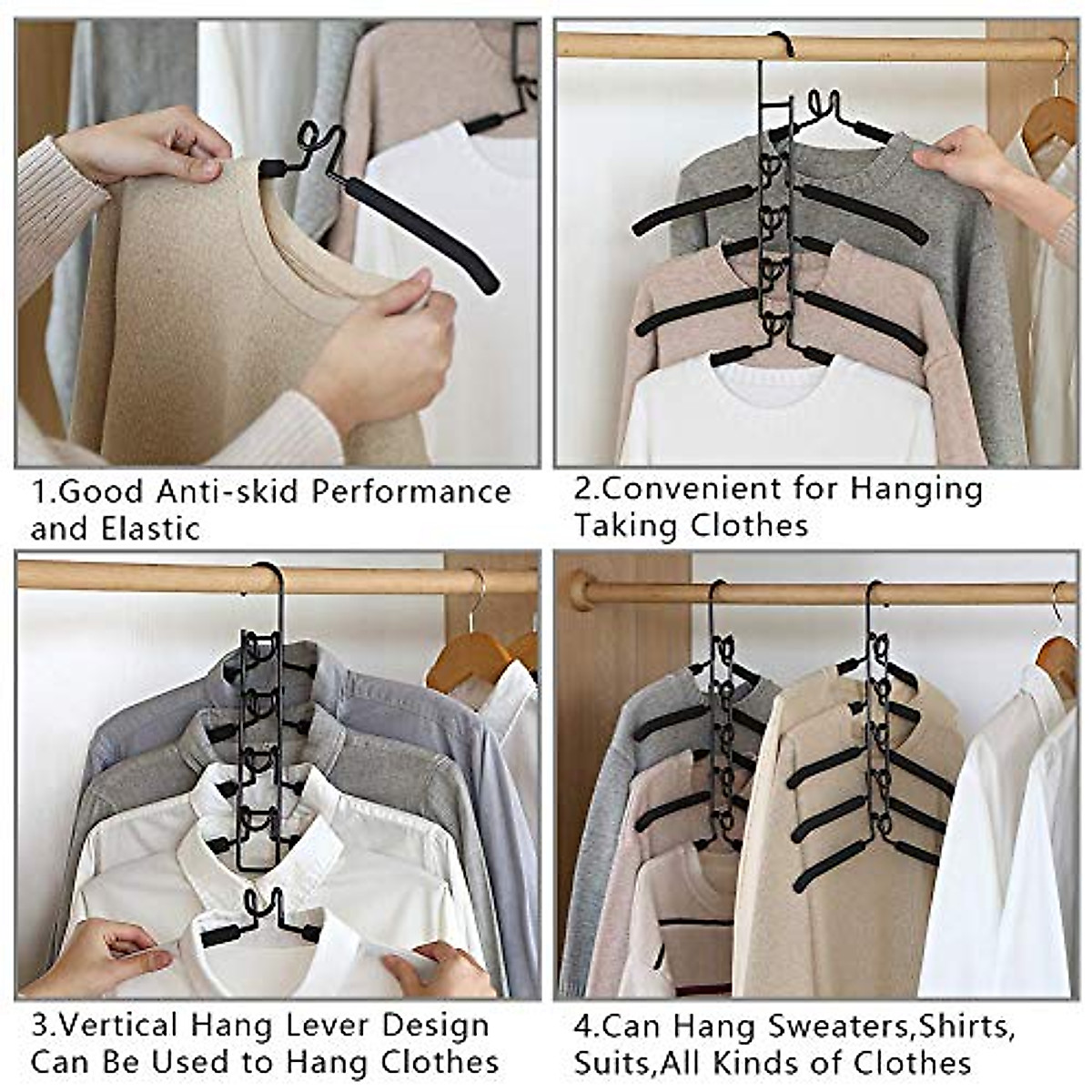 Clothes Hangers, 5 in 1 Multilayer Metal EVA Sponge Hangers Anti-Slip Clothes Rack Space Saving Detachable Hanger for Suit Coat Shirt Skirt Pants (Black)