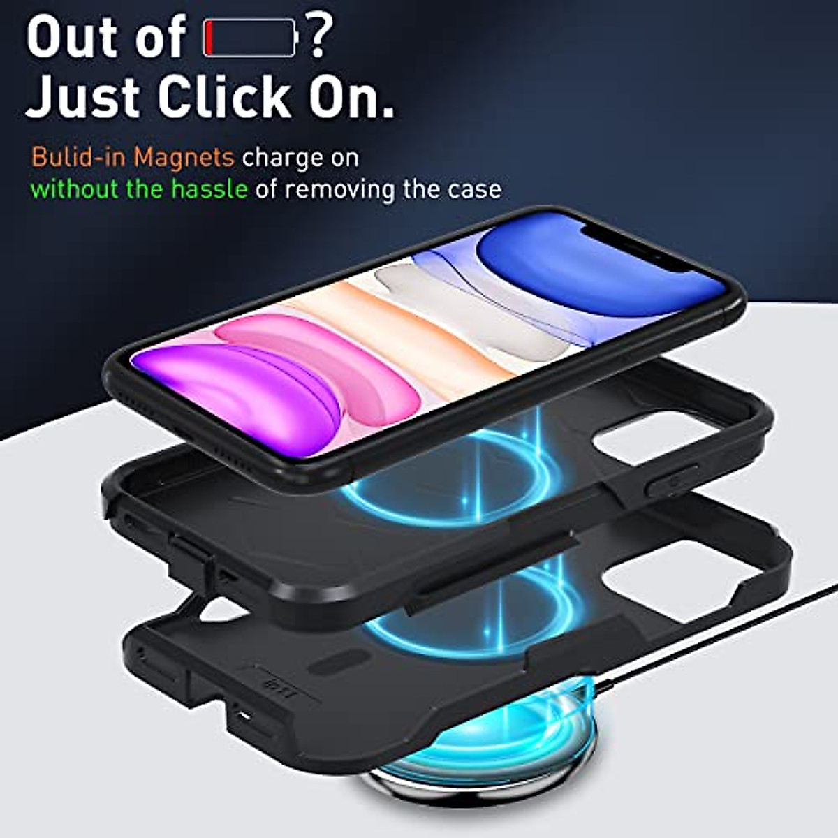 Xmon Magnetic Case for iPhone 11 Case [MIL-Grade Drop Tested & Compatible with MagSafe] Tempered Glass Screen Protector with Camera Lens Protector Phone Case Cover for Apple iPhone 11 (Black)