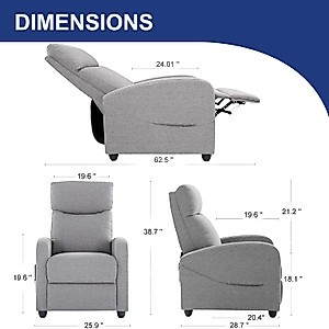 VANCIKI Massage Recliner Chairs, Classic Adjustable Single Sofa Push Back Reclining Chair Fabric Seat Cushion and Backrest with Comfy Arms for Living Room - Grey