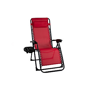 Sun-Ray Oversized Patio Chair with Leg Stabilizers and Big Cupholder, Adjustable Zero Gravity Folding Reclining Outdoor Chair with Pillow, Ruby Red