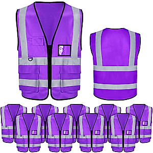 EBOOT 10 Pcs Safety Vests High Visibility Safety Vest with Reflective Strips, Neon Vest Construction Vest with Pockets (Purple)