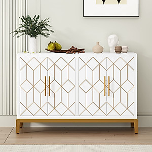 HLR Accent Cabinet with 4 Doors and Shelves, Sideboard Buffet Cabinet with Gold Lines, Modern Credenza Storage Decorative Cabinet for Living Room, Entryway, Kitchen, Dining Room, White