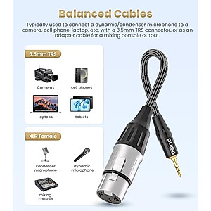 tisino XLR to 3.5mm Balanced Cable Adapter, Gold-Plated XLR Female to 1/8 inch Mini Jack Aux Mono Audio Cord for Shotgun or Condenser Microphones - 1ft