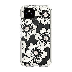 Kate Spade New York Defensive Hardshell Case for Google Pixel 5 - Hollyhock Floral Clear/Cream with Stones