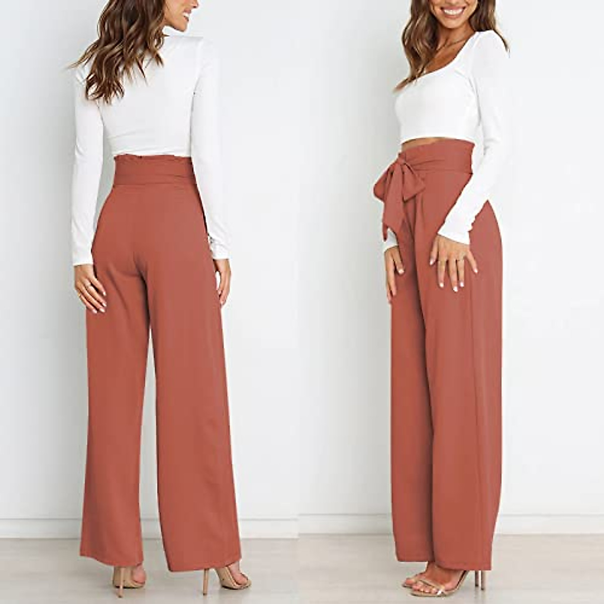 Viatabuna Wide Leg Pants for Women High Waisted Business Casual Pants Work Suit Pants Loose with Pockets and Belt Brick Red