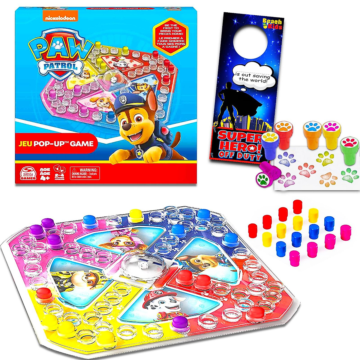 Nick Jr Paw Patrol Pop Up Game - 4 Pack Bundle with Nickelodeon Paw Patrol Board Game for Kids with Pop Up Dice, Stickers, and Stampers (Paw Patrol Party Favors)