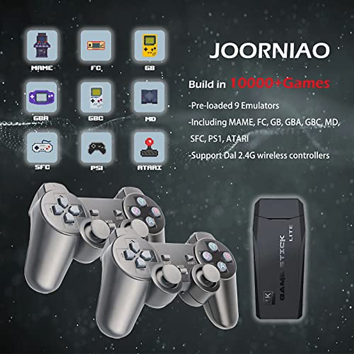 Joorniao Wireless Retro Game Console, Built in 10000+ Games, 9Emulators, Plug & Play Video Game Stick 4K HDMI Output for TV with Dual 2.4G Wireless Controllers Birthday Gifts for Boys&Girls(64G)