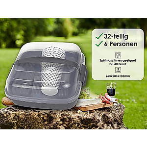 Tribello Camping Picnic Dishes Set with Case, (Set for 6) 32 Plastic Reusable Cutlery Set - BPA Free - Microwave / Dishwasher Safe