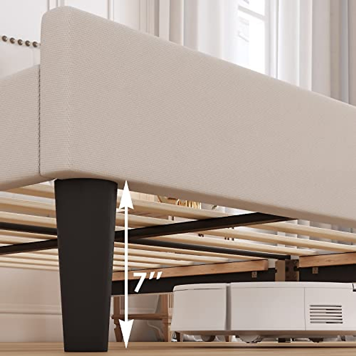 HOSTACK Full Size Bed Frame, Linen Fabric Upholstered Platform with Adjustable Headboard, Diamond Tufted Mattress Foundation with Wood Slats, Easy Assembly, No Box Spring Needed, Beige