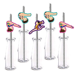 Gymnastics Party Straw Decor, 24-Pack Gymnast Baby Shower Kids Birthday Party Decorations, Paper Decorative Straws
