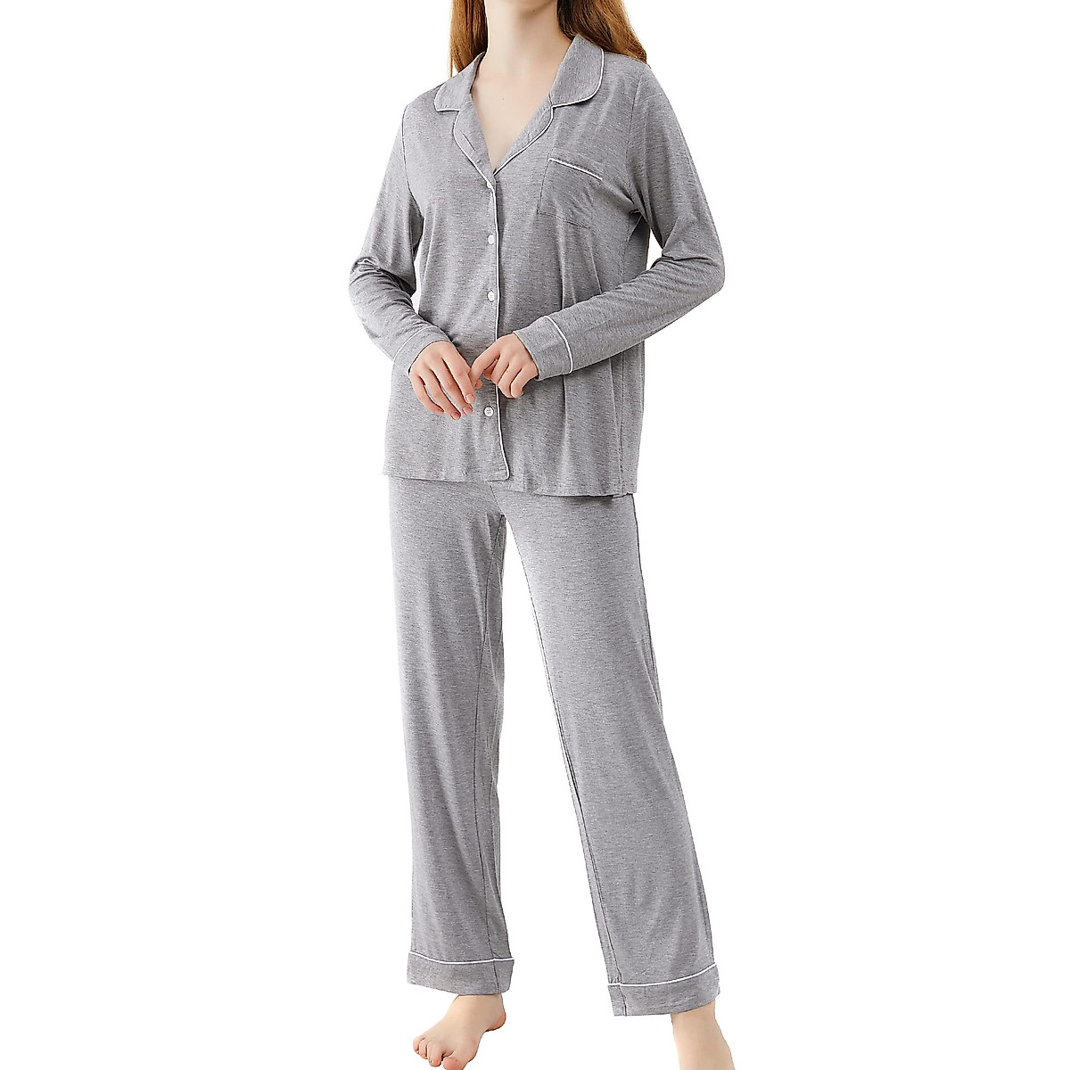 WiWi Viscose from Bamboo Pajamas Set for Women Soft Long Sleeve Button Down Sleepwear Plus Size Pj Lounge Sets S-3X, Heather Grey, 3X
