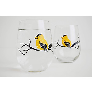 Bird Glassware Set of 4 Stemless Wine Glasses, Cardinal, Bluebird, Yellow Finch, Hummingbird Glass Collection