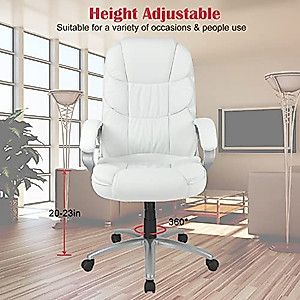 High Back Office Chair with Lumbar Support Office Chairs, PU Leather Executive Office Chair, Ergonomic Computer Swivel Task Desk Chairs with Wheels and Arms, White, 45"-48"