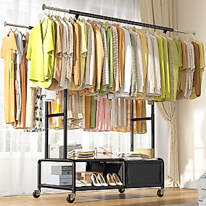 Raybee Clothes Racks for Hanging Clothes with Shelves, Adjustable Clothing Rack with Lockable Wheels, Multi-Functional Closet Rack For Bedroom, Heavy Duty Garment Racks for Hanging 220+ Clothes