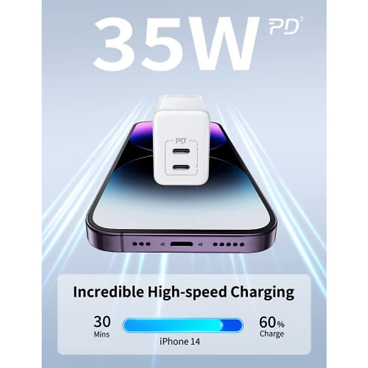 MOMAX GaN Charger, Dual Port 35W USB C GaN Charger with Foldable Plug, Compact GaN III PD 3.0 Charger, High Power Wall Charger for Laptops, MacBook, iPad Pro/Mini, iPhone 14/Max/Pro/Pro Max (White)