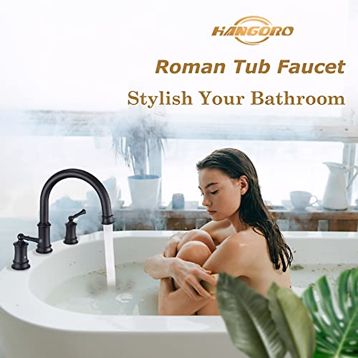 Hangoro Bathtub faucet, Deck Mount Antique Tub Faucet 2 Lever Handles, Widespread 3 Holes Brass Rough-in Tub Faucet, 360° Swivel Spout, High Flow Faucet For Bathroom, Matte Black(B2307-BK)