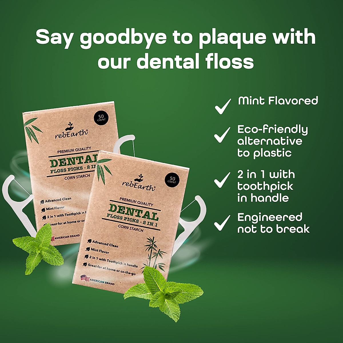 rebEarth Natural Dental Floss Picks - Oral Care Dental Pick w/Mint Flavored Toothpicks, 2-in-1 Natural Floss & Toothpicks, Plant-Based Dental Flossers, Tooth Floss Picks w/Tongue Cleaner (200 Count)