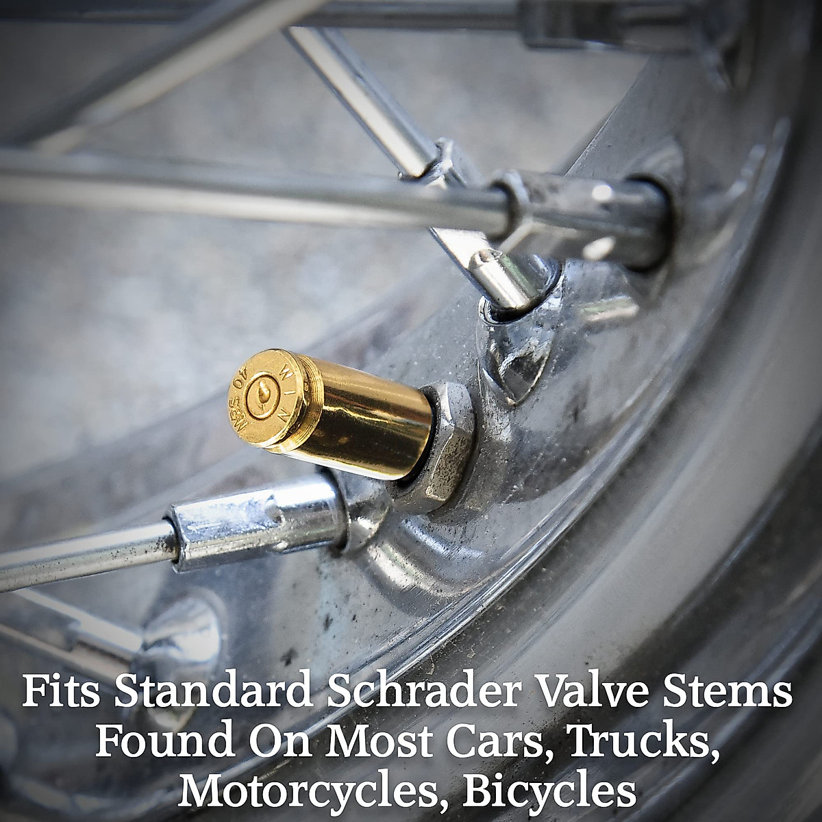 Lucky Shot - 40 Cal Bullet Shell Casing Tire Valve Stem Caps | Tire Pressure Caps | Stem Tires Accessories for Cars, SUVs, BMX Bike, Bicycle, Truck, Motorcycle | Brass Stems Covers (Set of 4)