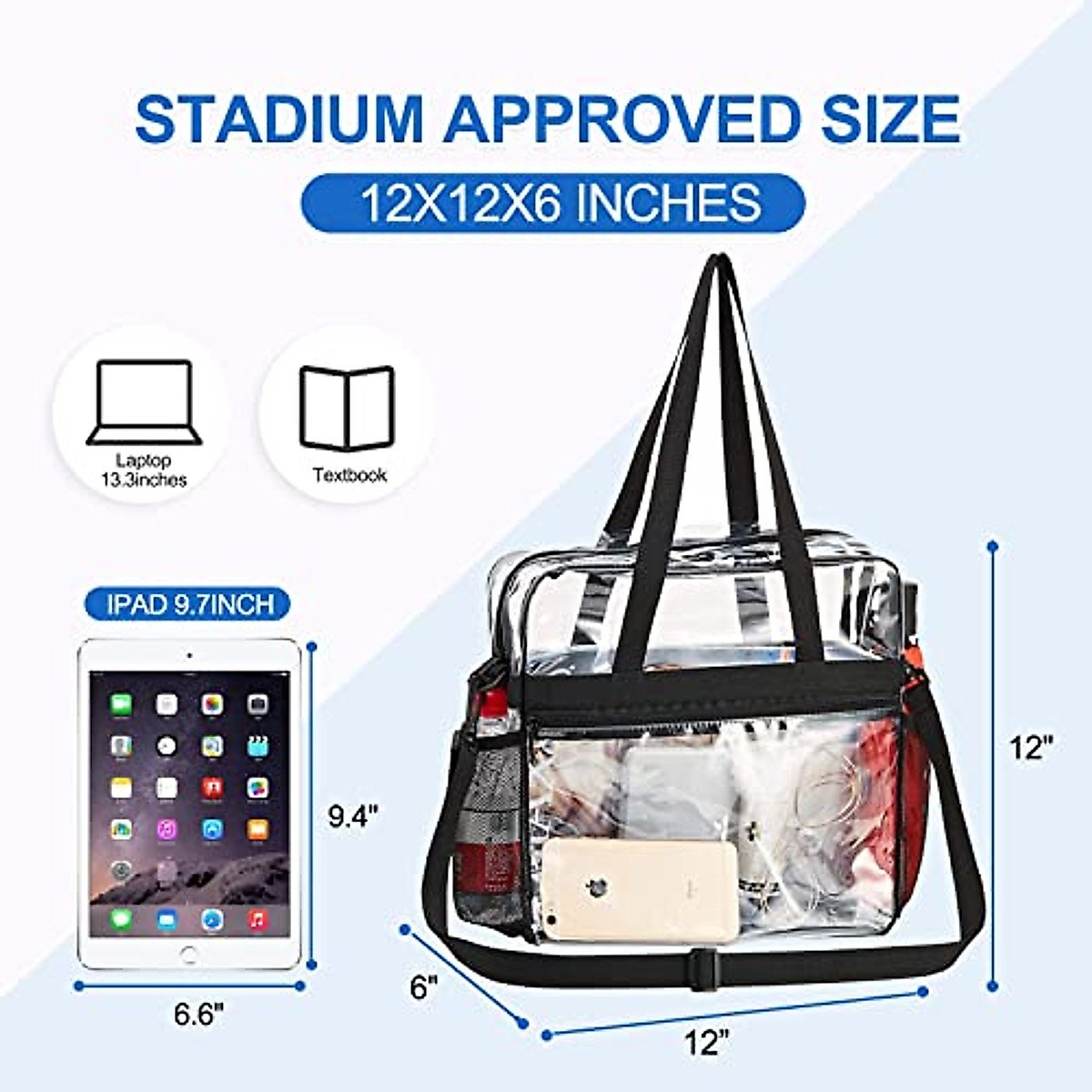 USPECLARE Clear Bag, Clear Tote Bag Stadium Approved, Stadium Security Travel & Gym Clear Bag for Work, Sports Games, Concerts and Women Men 12 x 12 x 6 inch (Black)