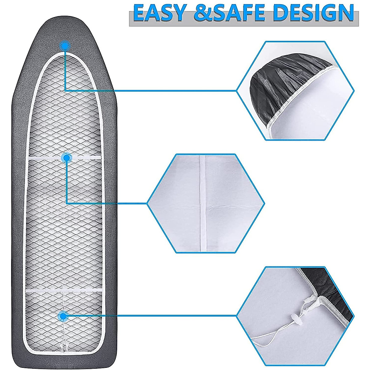Ironing Board Cover,Extra Thick Heavy Duty Ironing Board Cover and Pad,Iron Board Cover,Ironing Board Covers,Iron Cover Replacement Ironing Board Cover Durable Foam 3 Layers,Easy-Fit,100% Cotton,Gray