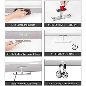 GOGUY Under Desk Hook Aluminum Stick-On Adhesive Dual Headsets Holder Mount PC Gaming Accessories, Headphone Stand with Cable Organizer,Black