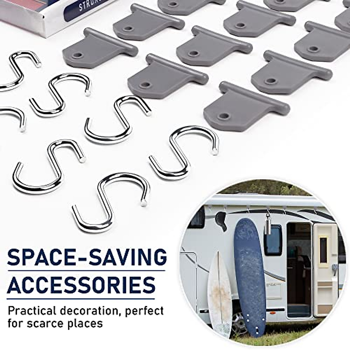 TAKAVU RV Awning Hooks for Light Camping, Party Light Clip Hanger Camper Awning Hook for Christmas Camping Tent Indoor Outdoor Decor, Easily Slide Into RV Awning Roller Bar Channel (12pcs)