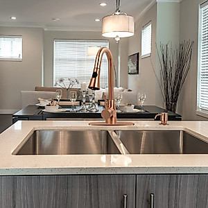 Copper Kitchen Faucet with Soap Dispenser, Single Handle Solid Brass High Arc Pull Down Sprayer Head Kitchen Sink Faucets with Deck Plate OH455