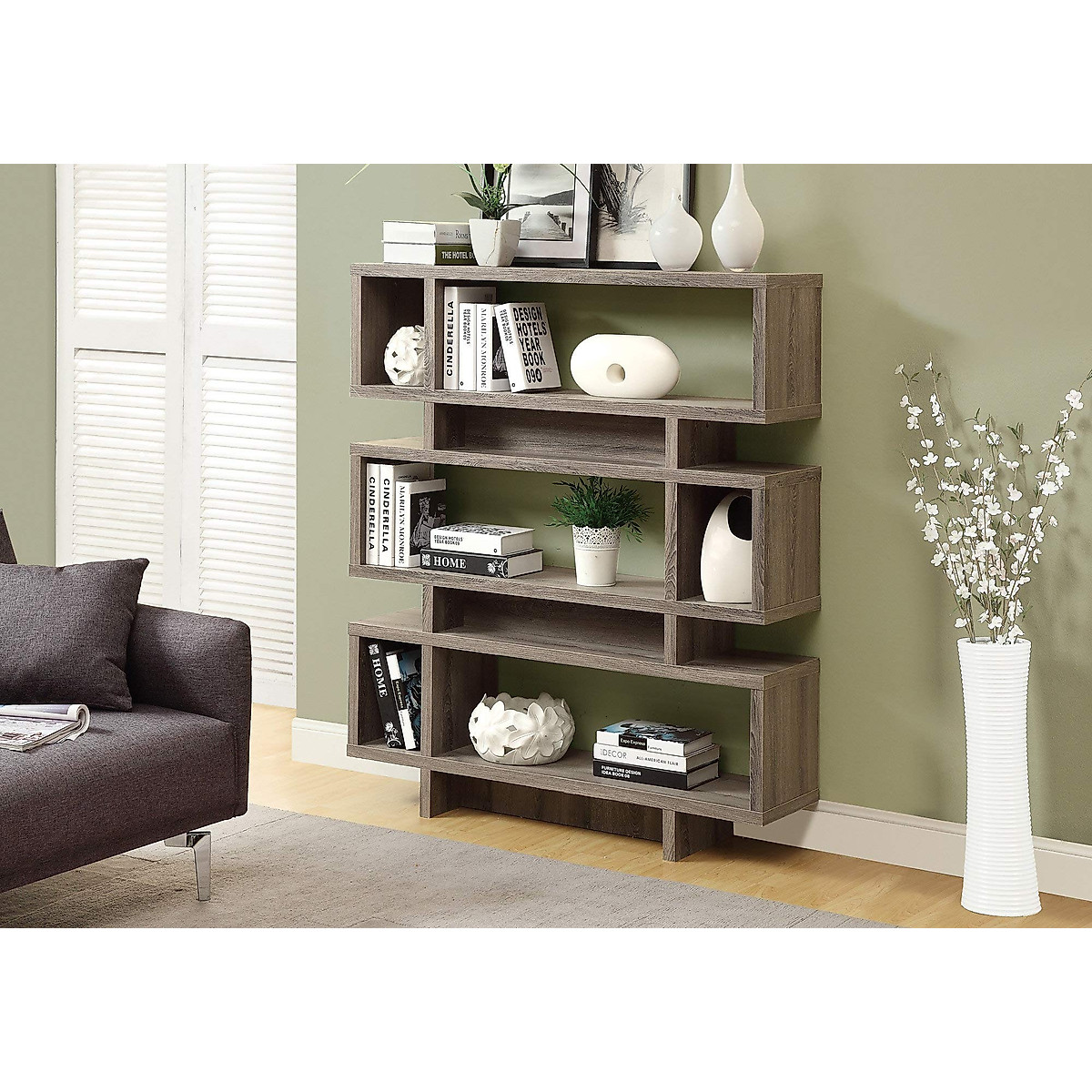Monarch Specialties 3251 Bookshelf, Bookcase, Etagere, 4 Tier, 55" H, Office, Bedroom, Laminate, Brown, Contemporary, Modern Bookcase-55 H/Dark Taupe Style, 47.25" L x 12" W x 54.75" H