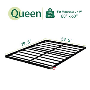 Woozuro 2 Inch Queen Bunkie-Board Only, Low Metal Box-Spring Frame with Steel Slats, Quick Lock Bed-Slat Replacement, Noise Free Mattress Surpoort Base, Upholstered Bed Frame Accessories, Black