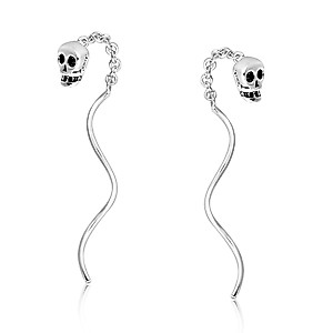 AeraVida Tiny Skull Chain Threader Spiral Halloween Sterling Silver Earrings, 0.11x0.15 inch