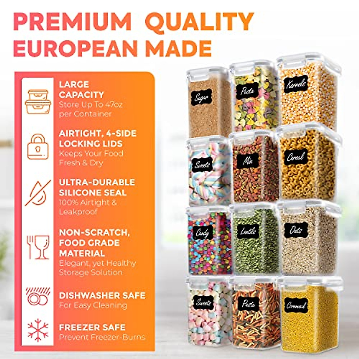 Mueller Airtight Storage Food Container Set with Lids – 12-Piece, Kitchen & Pantry Organization and Storage, Dishwasher, Freezer and Microwave Safe – 12 Labels, 4 Measuring Cups and Marker, White