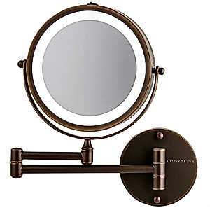 OVENTE 7" Lighted Wall Mount Makeup Mirror - 1X/ 10X Magnification, Battery Powered Glow Cosmetic Light up, Spinning 360-Degree, Double Sided LED, Extendable, Folding Arm, Antique Bronze MFW70ABZ1X10X