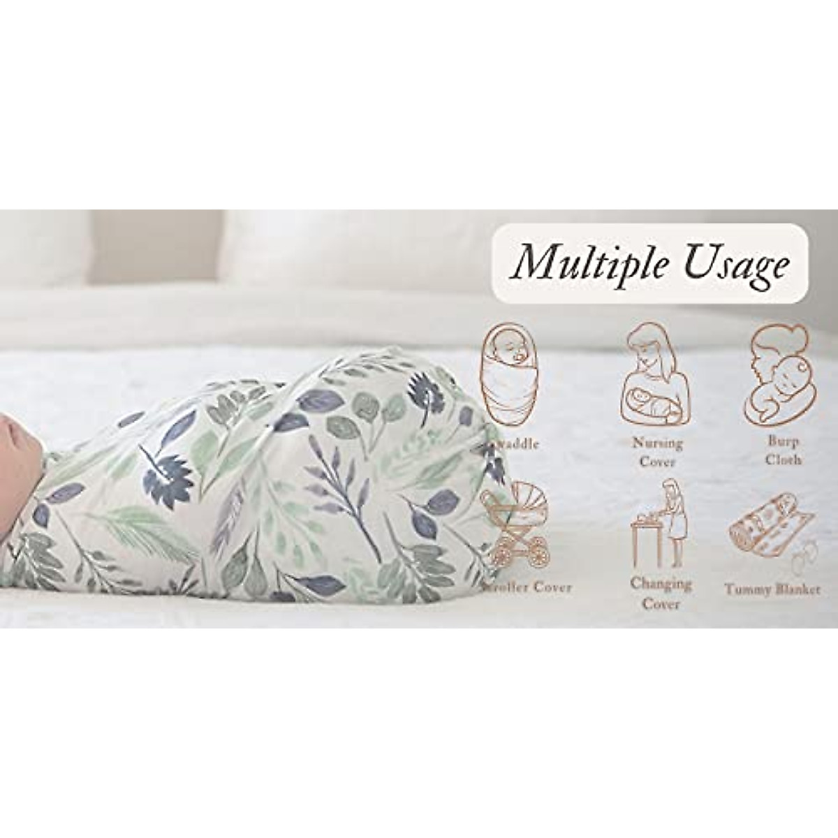 Terriboo Baby Receiving Blanket Newborn Wrap for Baby Girl and Boy Leaf Printed Swaddle Beanie Set (Green)