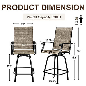 GOOGIC Patio Swivel Bar Stools ， Outdoor High Back Swivel Bar Chair Set of 2 with All Weather Steel Frame for Backyard, Lawn,Poolside and Balcony