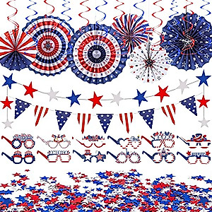 33PCS 4th/Fourth of July Patriotic Decorations Set, Red White Blue Paper Fans and American Flag Glasses, USA Flag Pennant, Star Streamer, Confetti,Hanging Swirls,Photo Booth Props Party Decor Supplies