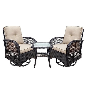 3 Pieces Patio Conversation Set,Outdoor Wicker Rocker Swivel Patio Bistro Set,Patio Table and Chairs,Porch Patio Set,Rocking Chair with Glass Top Side Table,All-Weather Outdoor Patio Furniture